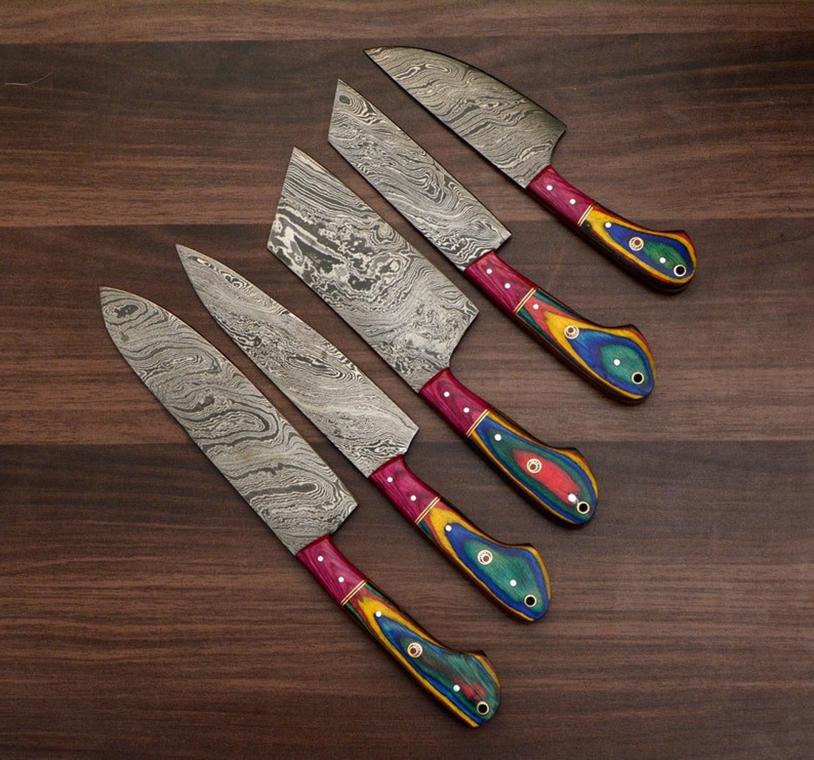Handmade Damascus Chef Set of 5pcs With Leather Cover,kichten Knife ...