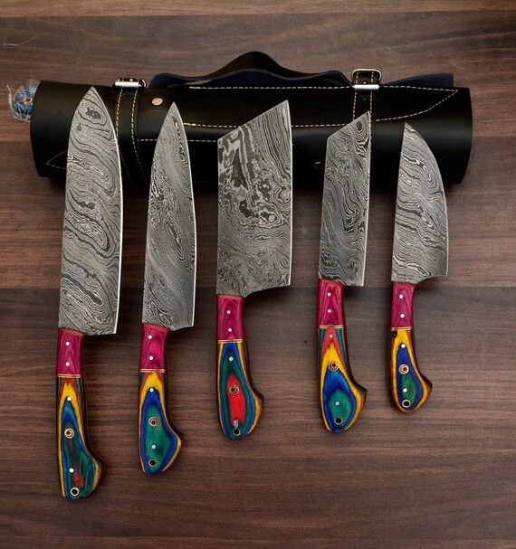 Handmade Damascus Chef Set of 5pcs With Leather Coverkichten - Etsy