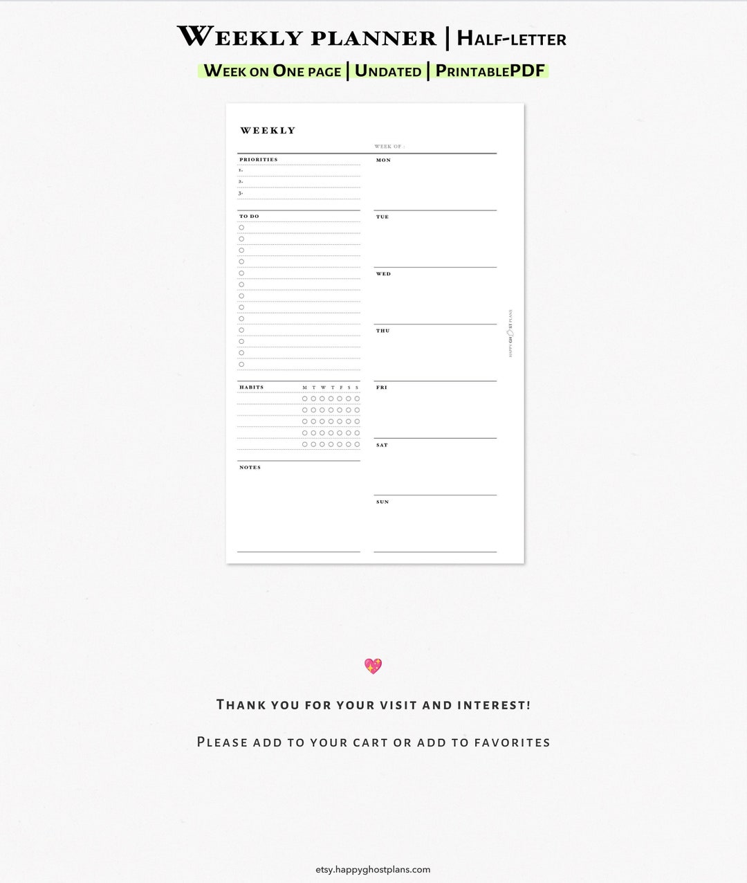 Weekly Planner Printable Insert for Half-letter Planner Single Page ...