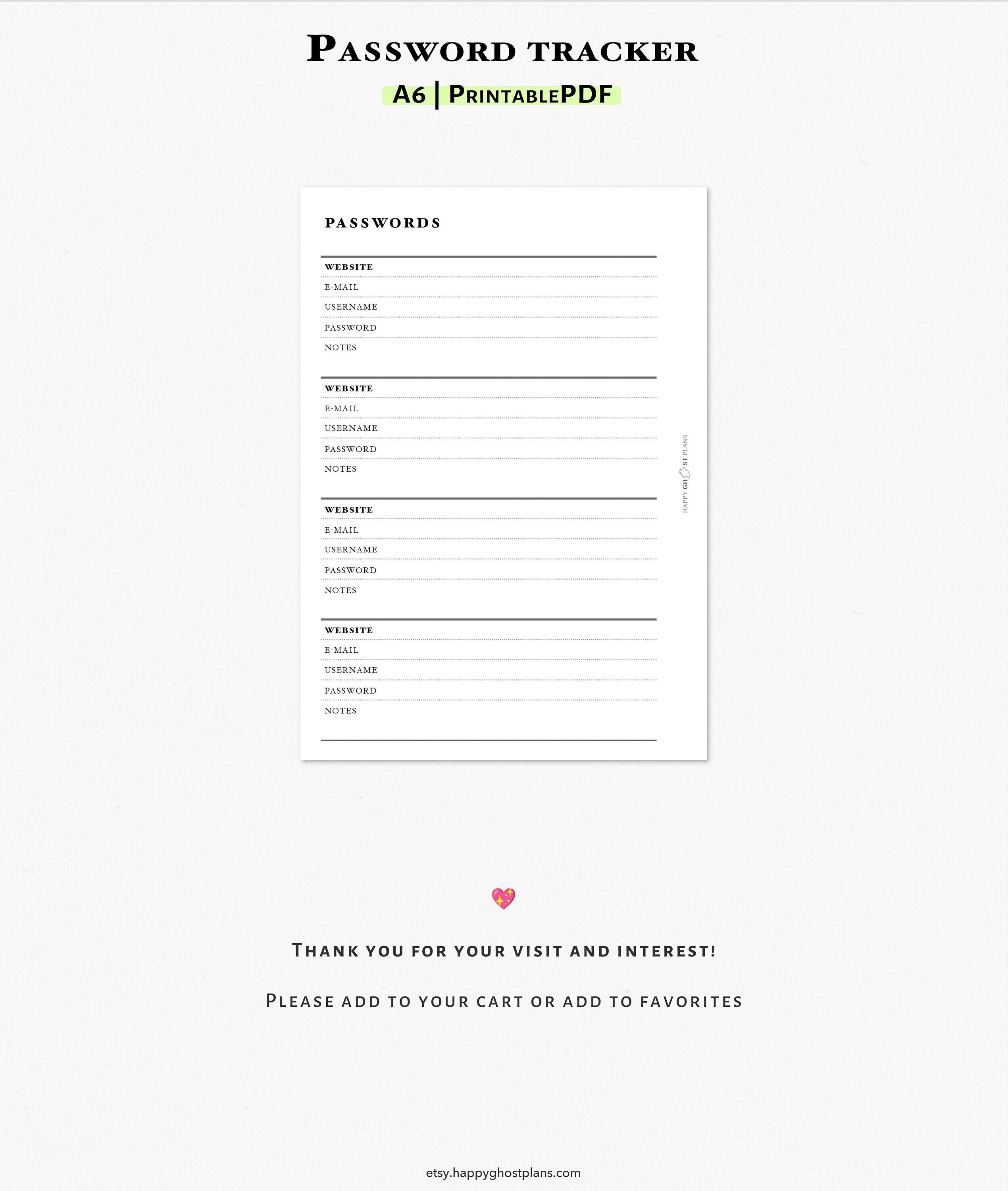 Password Tracker Printable Insert for A6 Planner J126 - Etsy