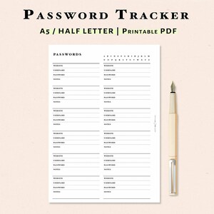 Password Tracker Printable PDF A5 Half-letter Size Password - Etsy