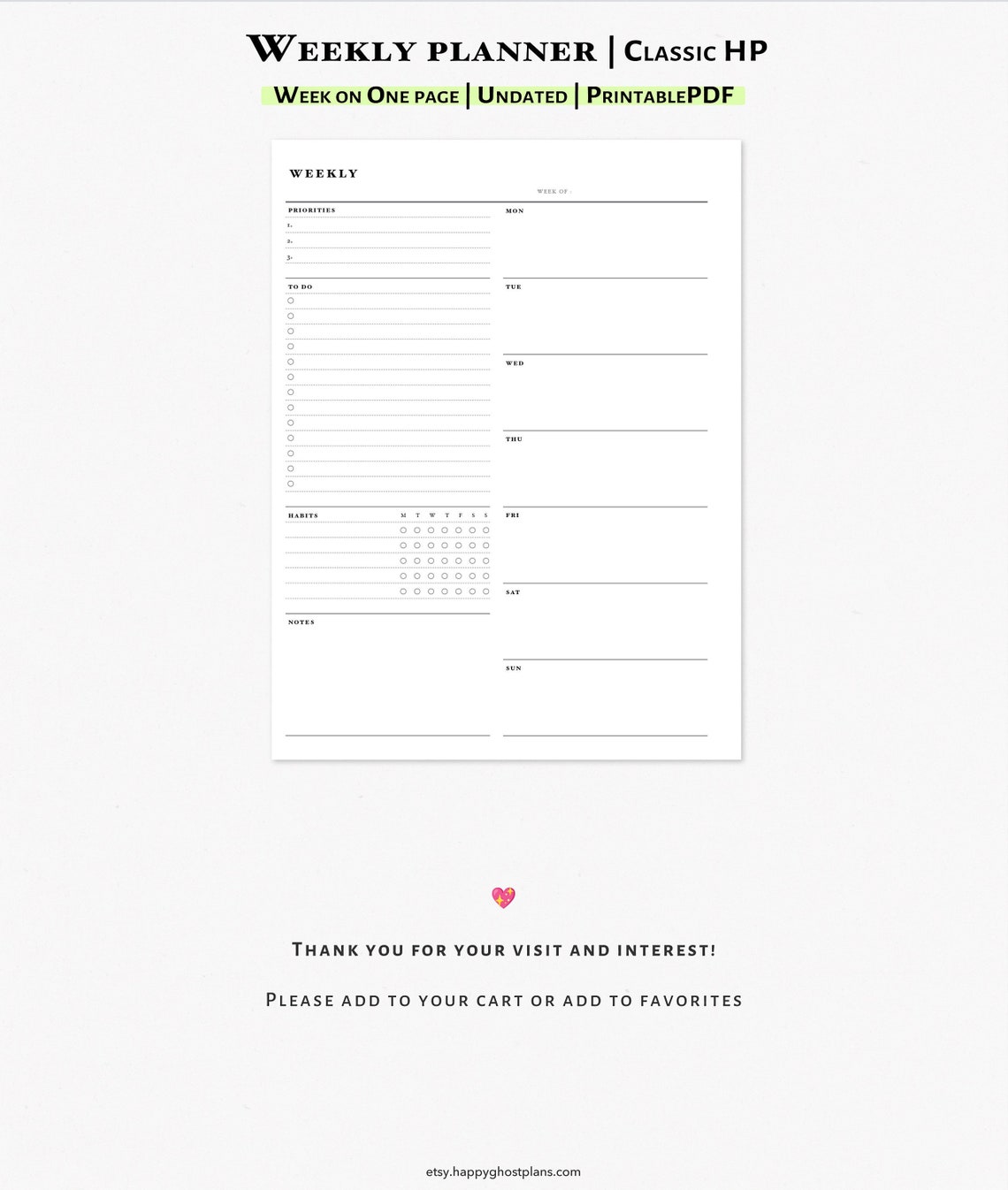 Weekly Planner Printable Insert for Happy Planner Classic Single Page ...