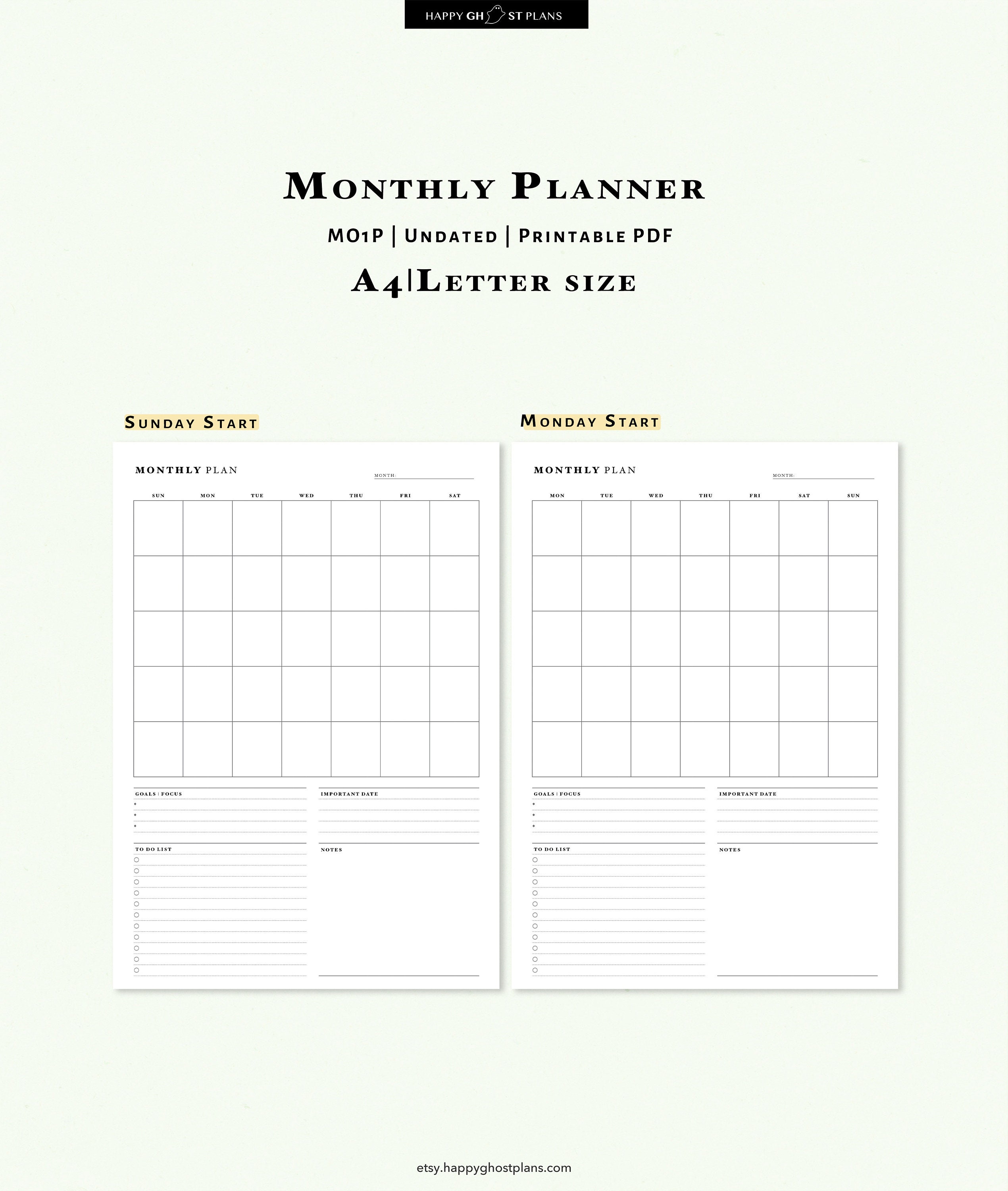 Monthly Planner Printable A4 Letter Size Month on One Page - Etsy Canada