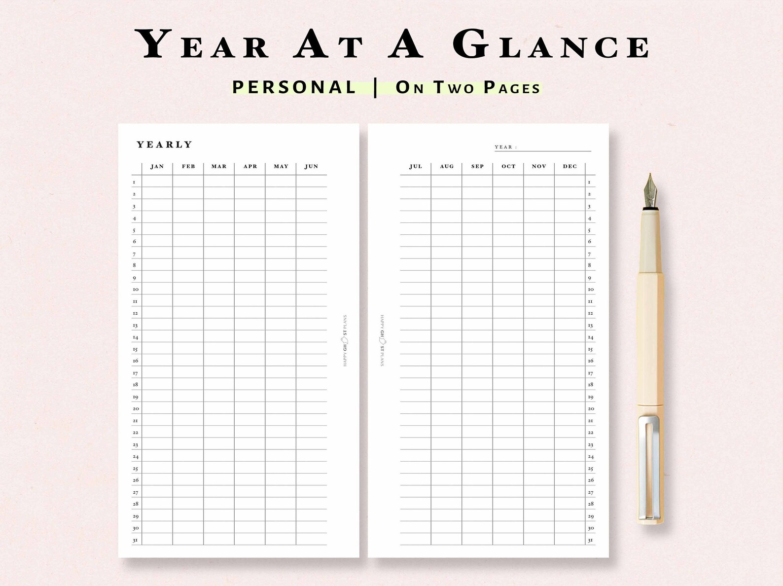 Year at a Glance Planner Printable Personal Size Undated | Etsy