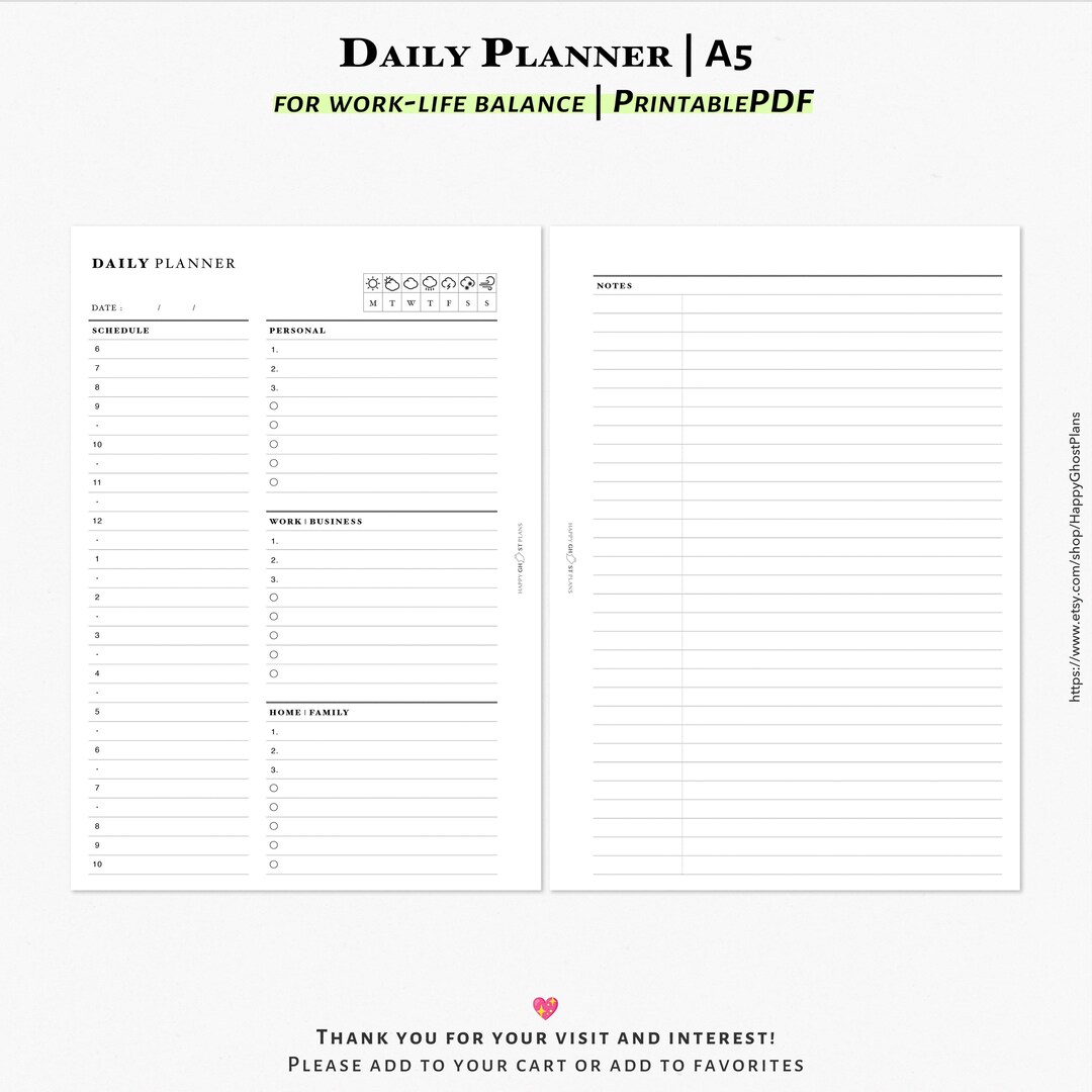 Printable A5 Daily Planner for Busy Life | Work Life Balance Planner ...