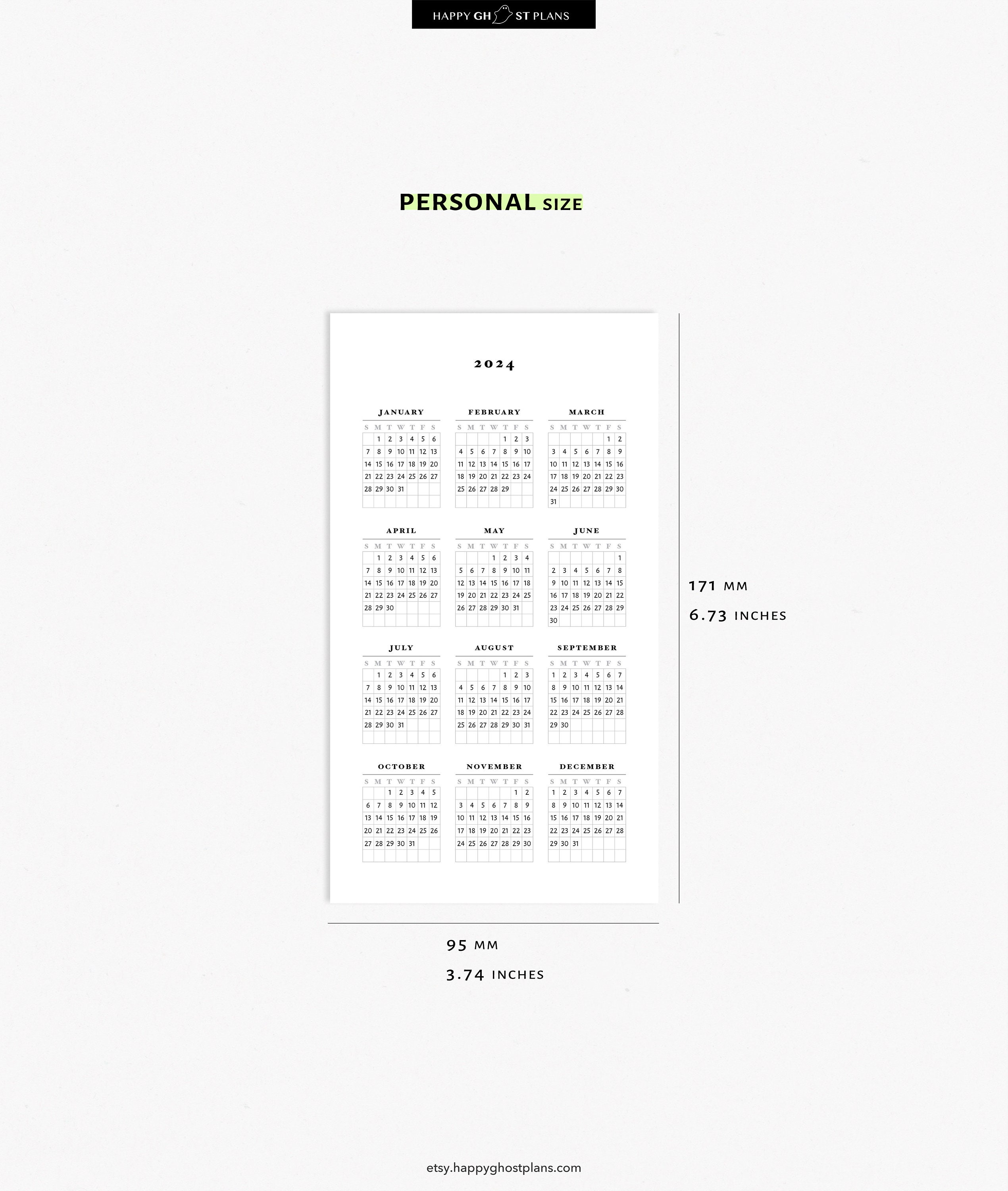 Year at a Glance 2024-2025 Printable Calendar for Personal Size Planner ...