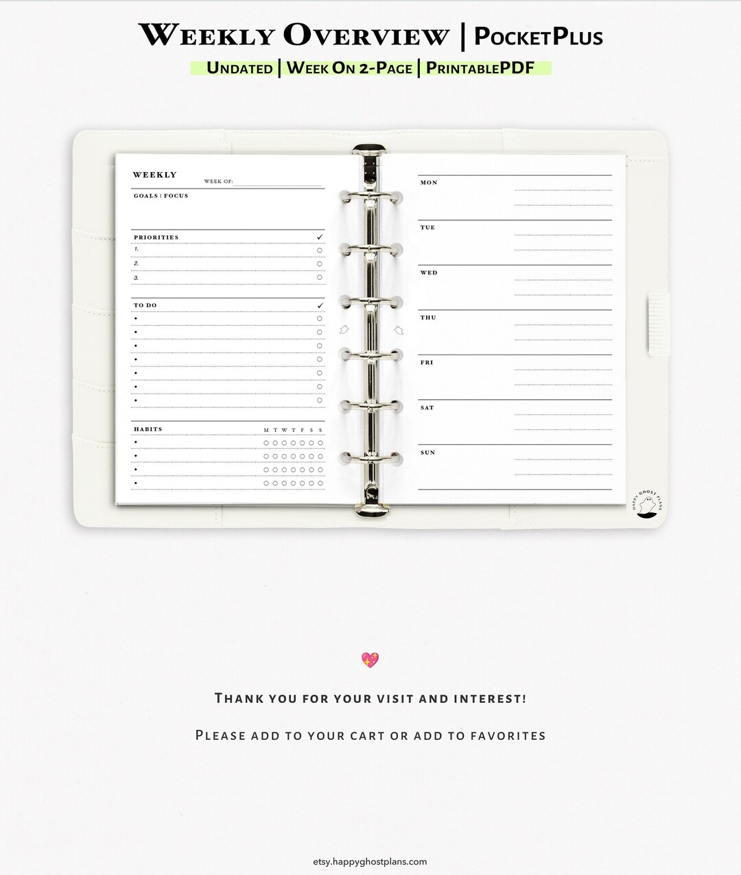 Undated Weekly Overview Printable Pocket-plus Planner Inserts Week at A ...