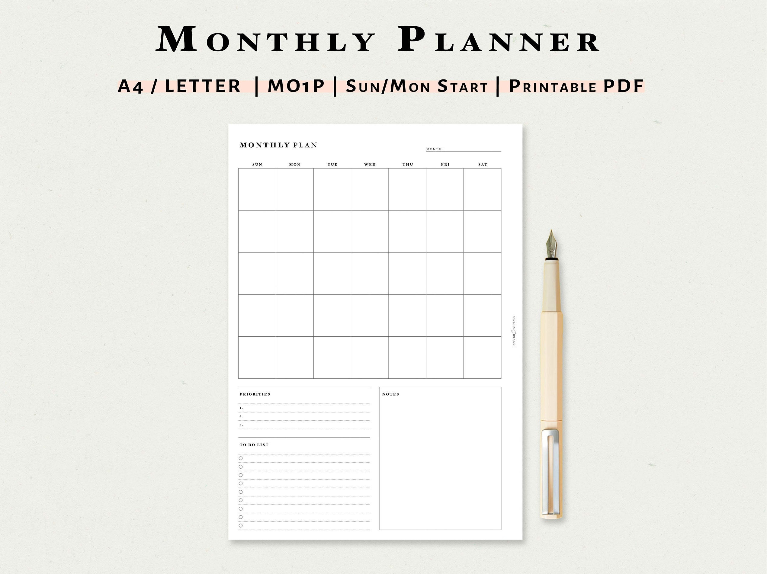 Monthly Planner Printable A4 Letter Size Month on One Page | Etsy Canada