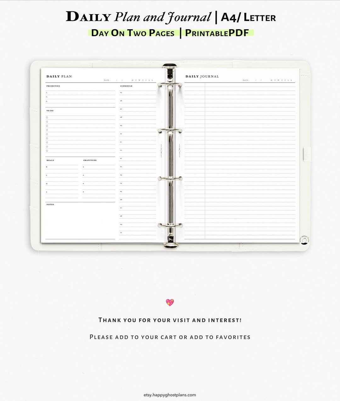 Daily Planner and Journal, Printable Insert for A4, Letter Size Planner ...