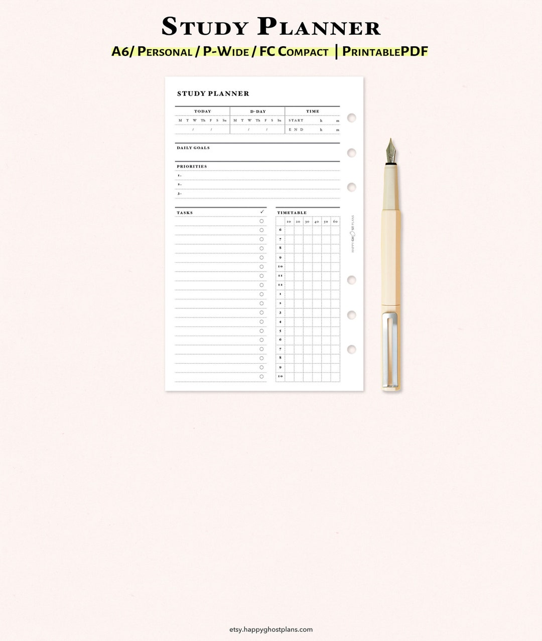 Study Planner Printable A6, Personal, Personal-wide, Fc-compact Size ...