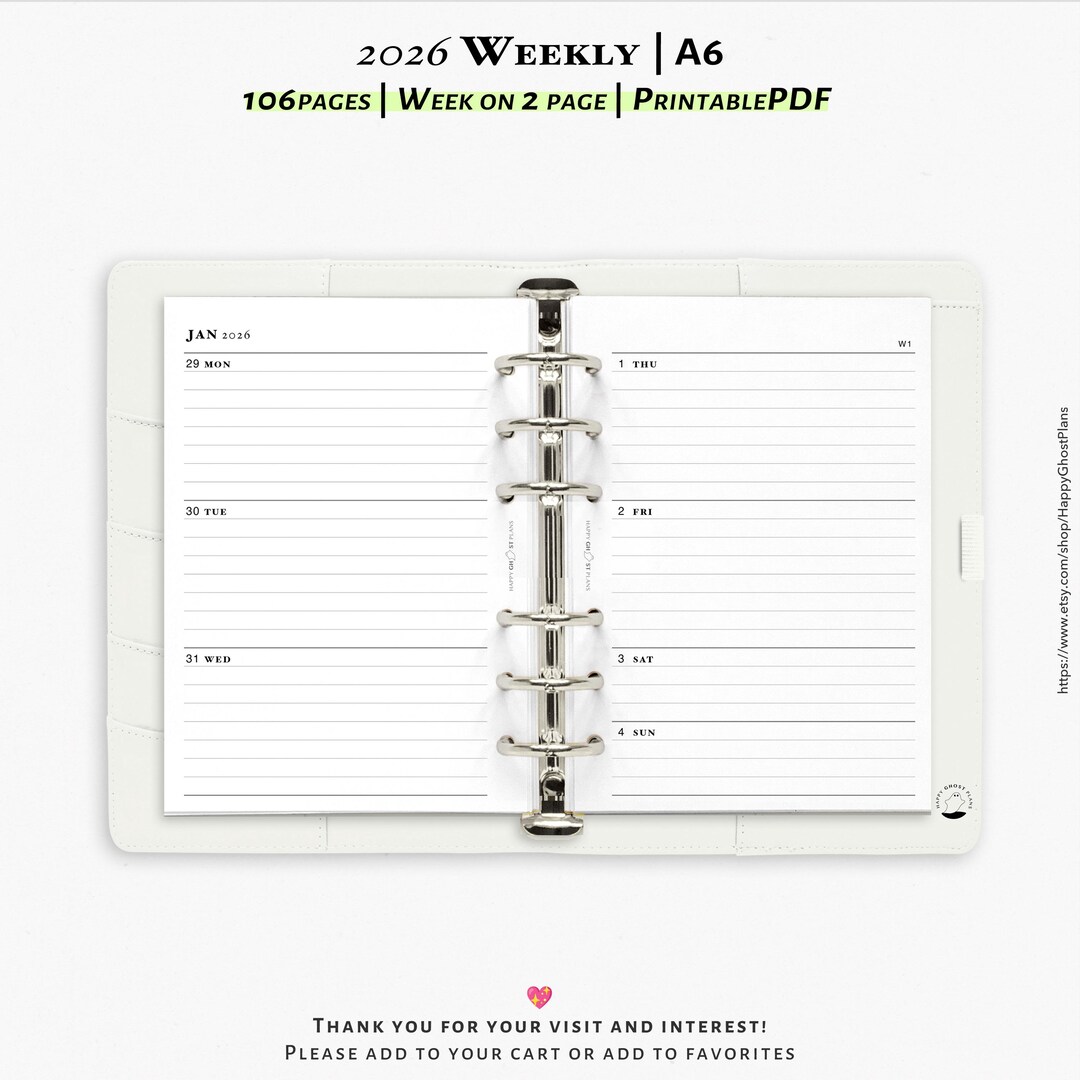 2026 Weekly Planner, Printable A6 Planner Inserts | WO2P | W111 - Etsy