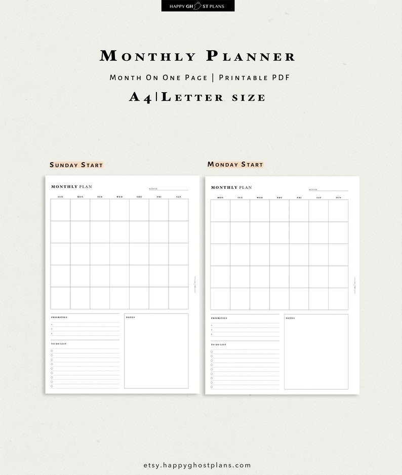 Monthly Planner Printable A4 Letter Size Month on One Page | Etsy Canada