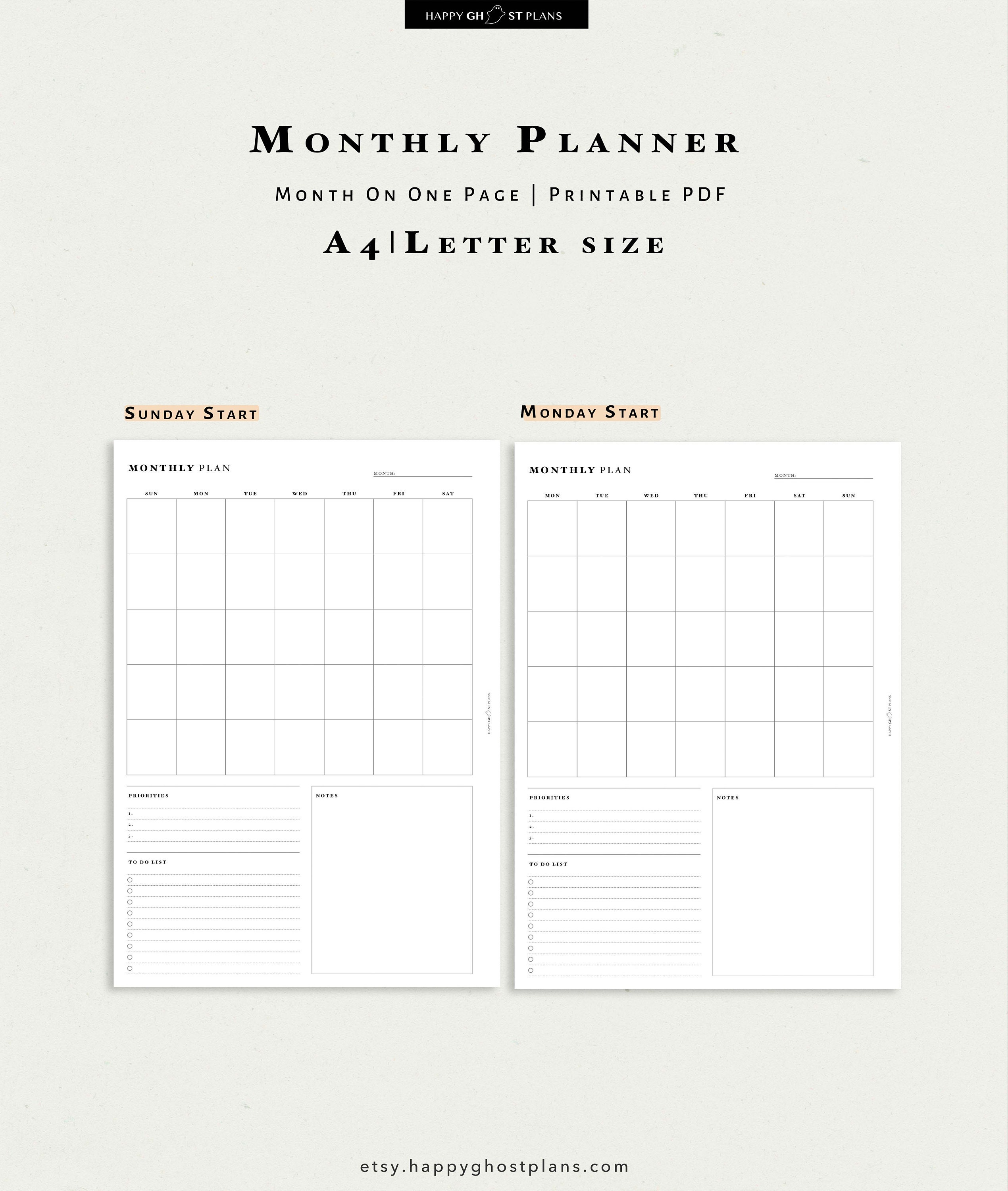 Monthly Planner Printable A4 Letter Size Month on One Page | Etsy Canada