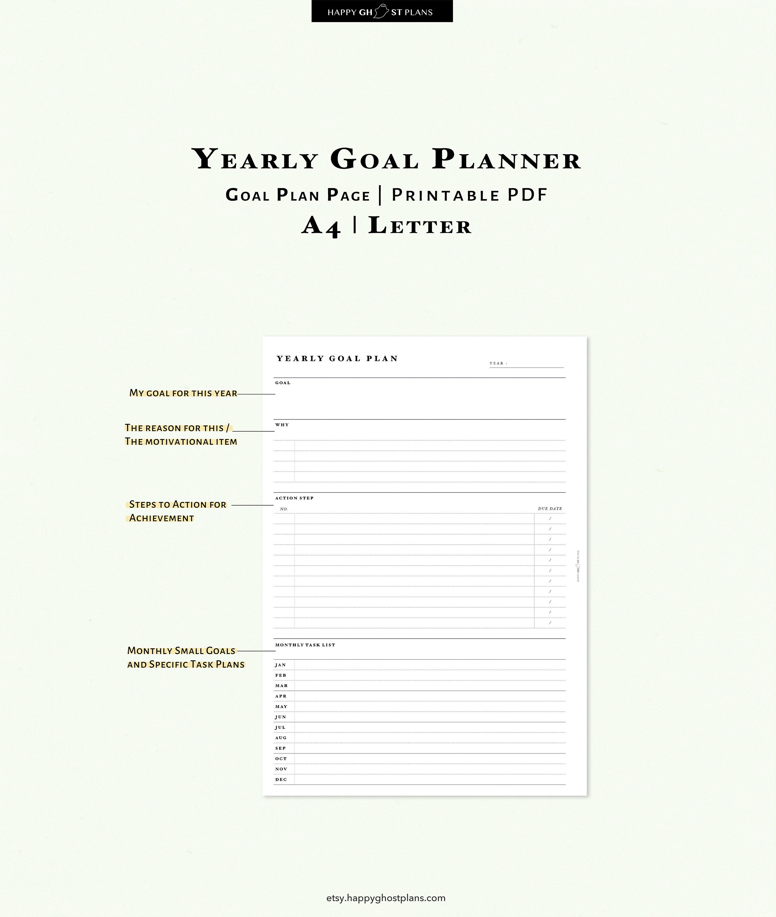 Yearly Goal Planner Printable A4 Letter Size Action - Etsy