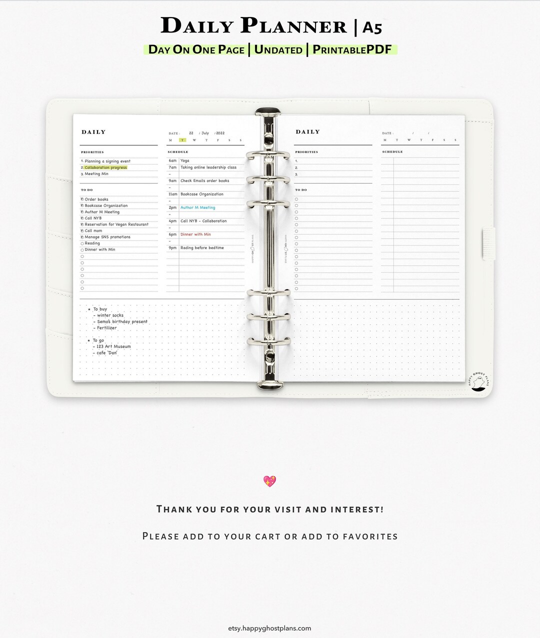 One Page Daily Planner Printable Insert, for A5 Planner D108 - Etsy
