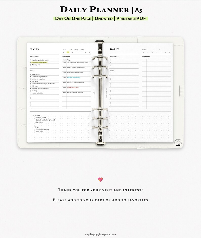 One Page Daily Planner Printable Insert, for A5 Planner D108 - Etsy