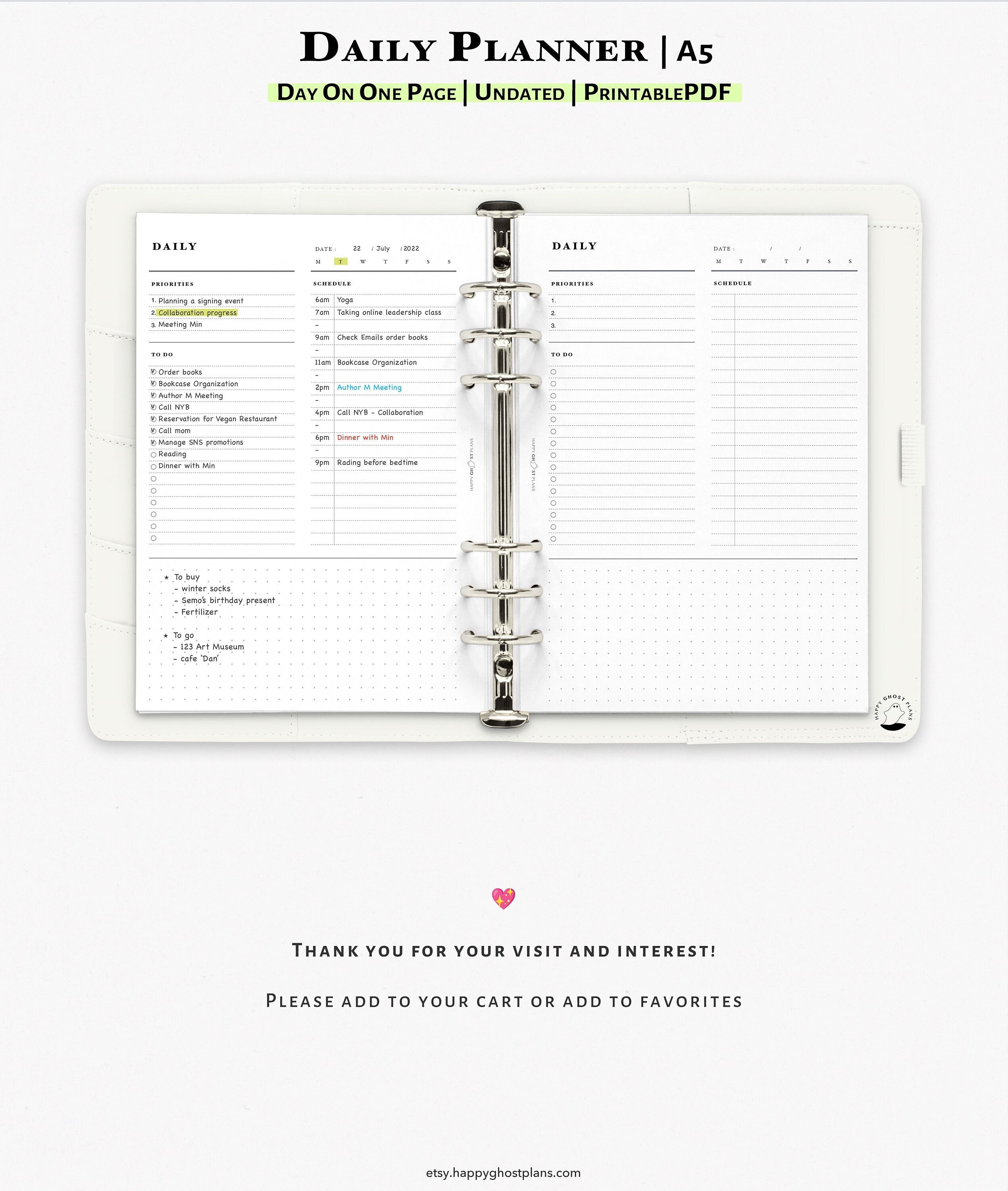 One Page Daily Planner Printable Insert, for A5 Planner D108 - Etsy