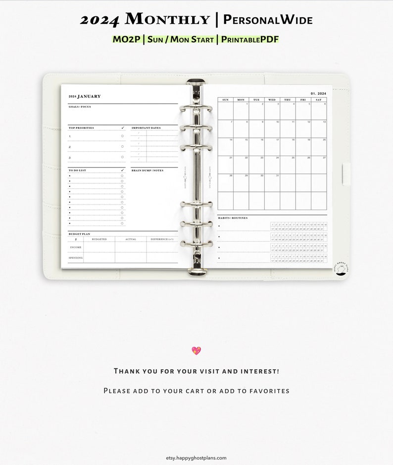 2024 Monthly Overview Printable Insert for Personal-wide Planner 2024 ...