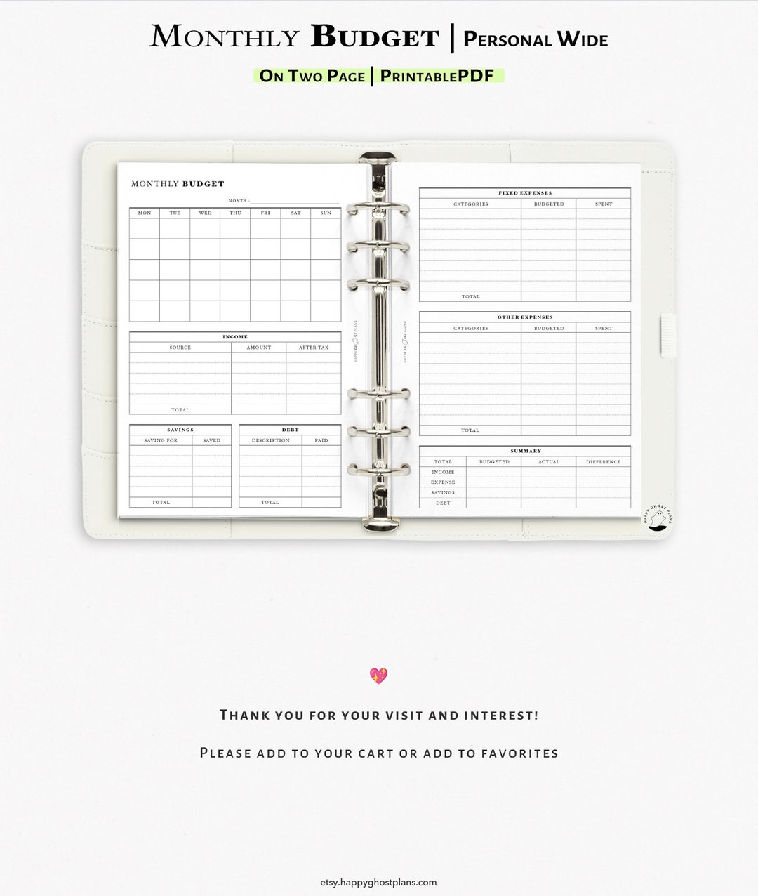 Monthly Budget Planner Printable Personal Wide Planner Insert - Etsy