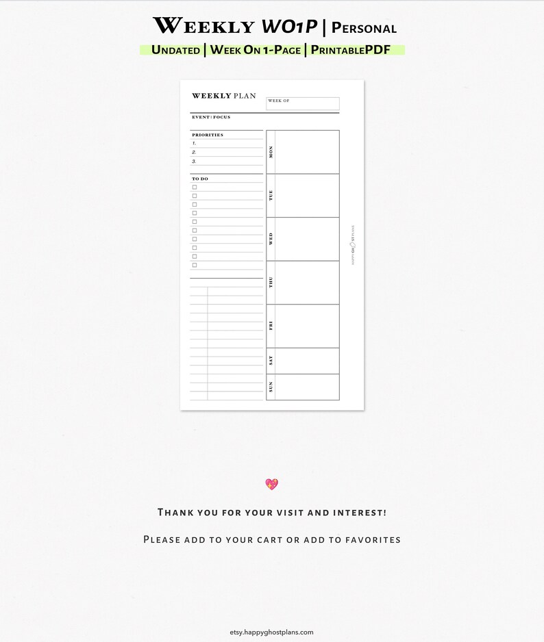 One-page Weekly Planner Printable Insert for Personal Size Planner ...