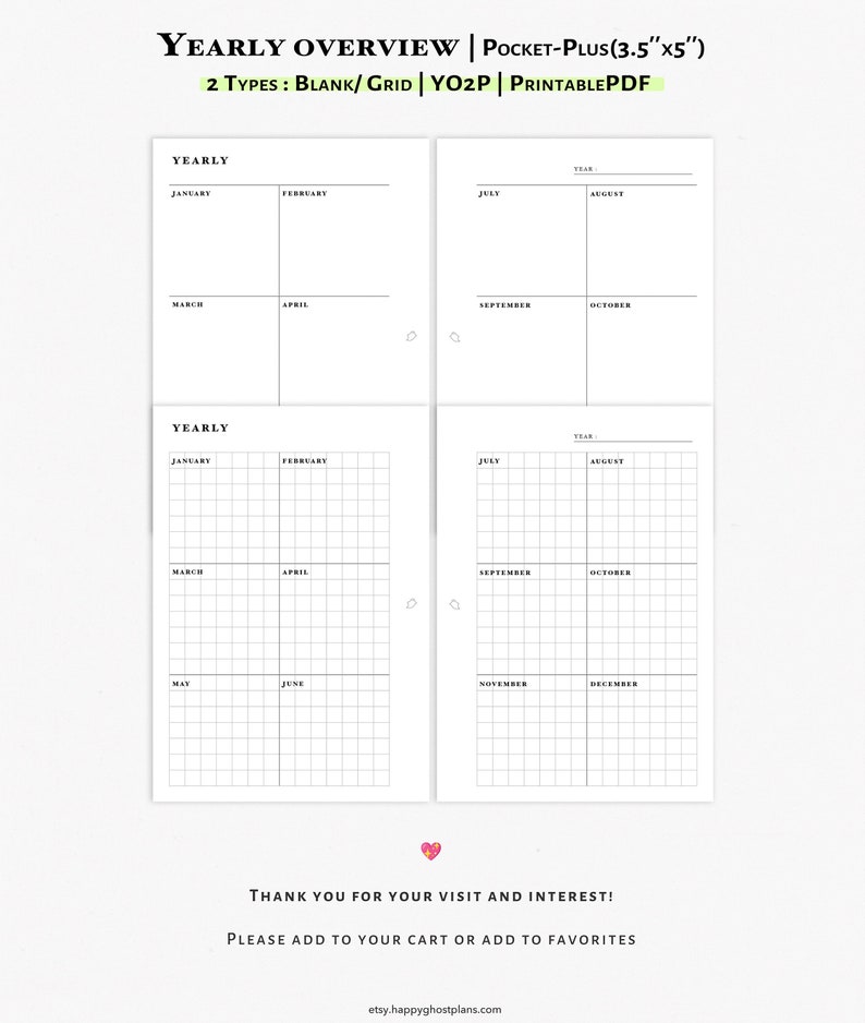 Yearly Overview Planner, Printable Insert for Pocket-plus Size Planner ...