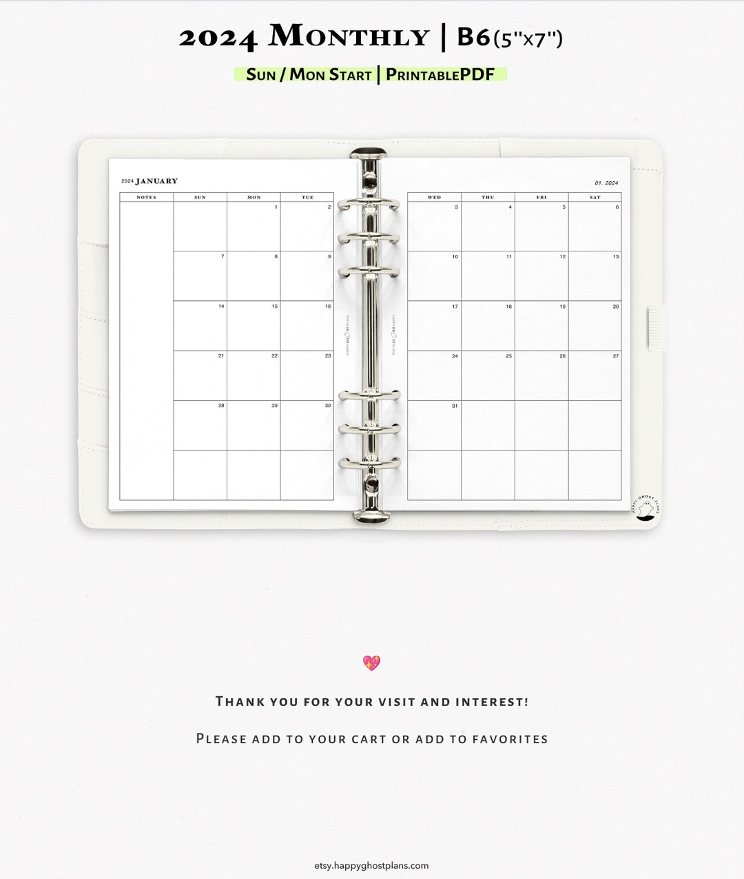 Planificador mensual 2024 Imprimible B6 5x7 in Inserto del planificador ...