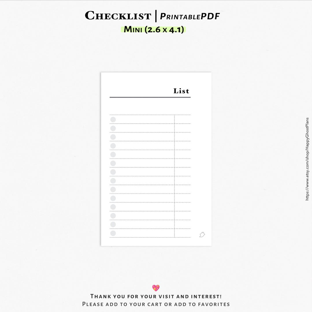 Mini Checklist Template: Printable Planner Insert (PDF) | N105 - Etsy ...