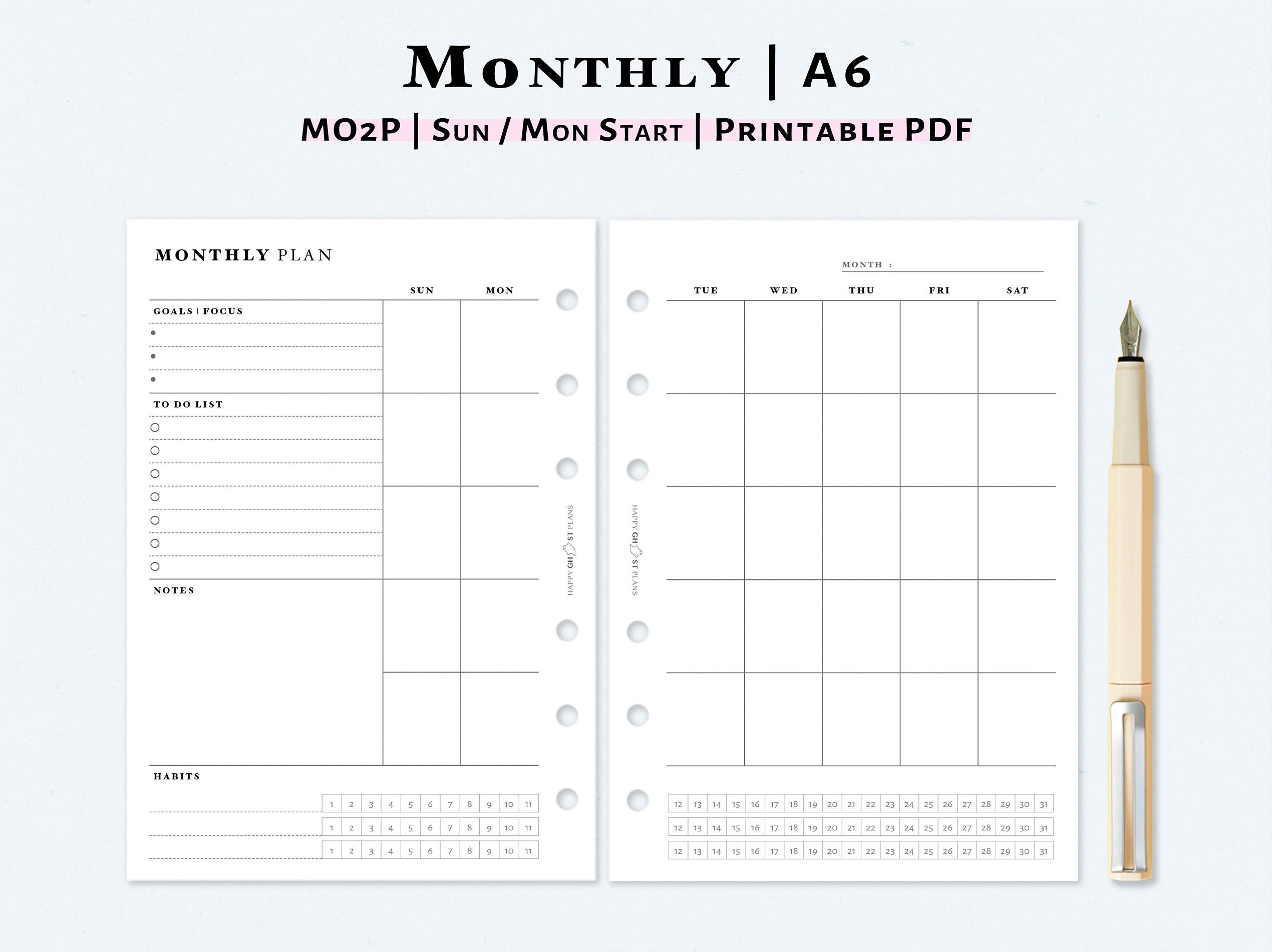 Monthly Planner Printable A6 Size Inserts Month on Two Page - Etsy