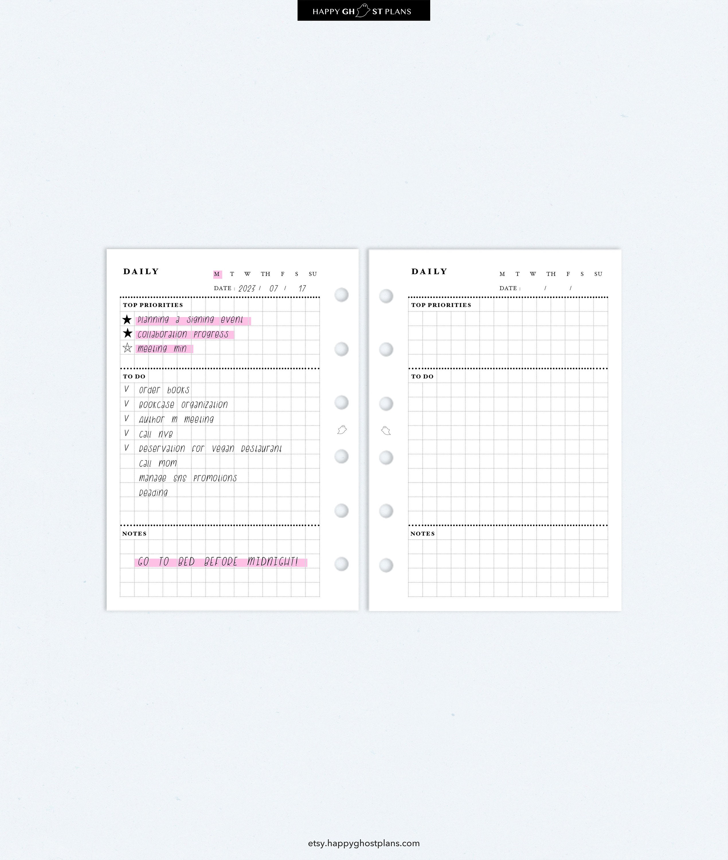 One Page Daily Planner Printable Pocket XL Size Insert - Etsy