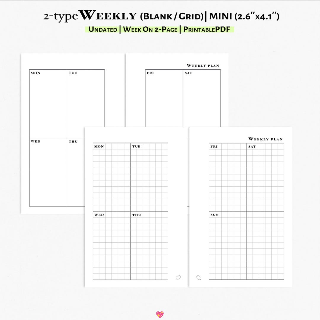 Simple Weekly Planner Bundle of 2 Types, Printable Insert for Mini Size ...