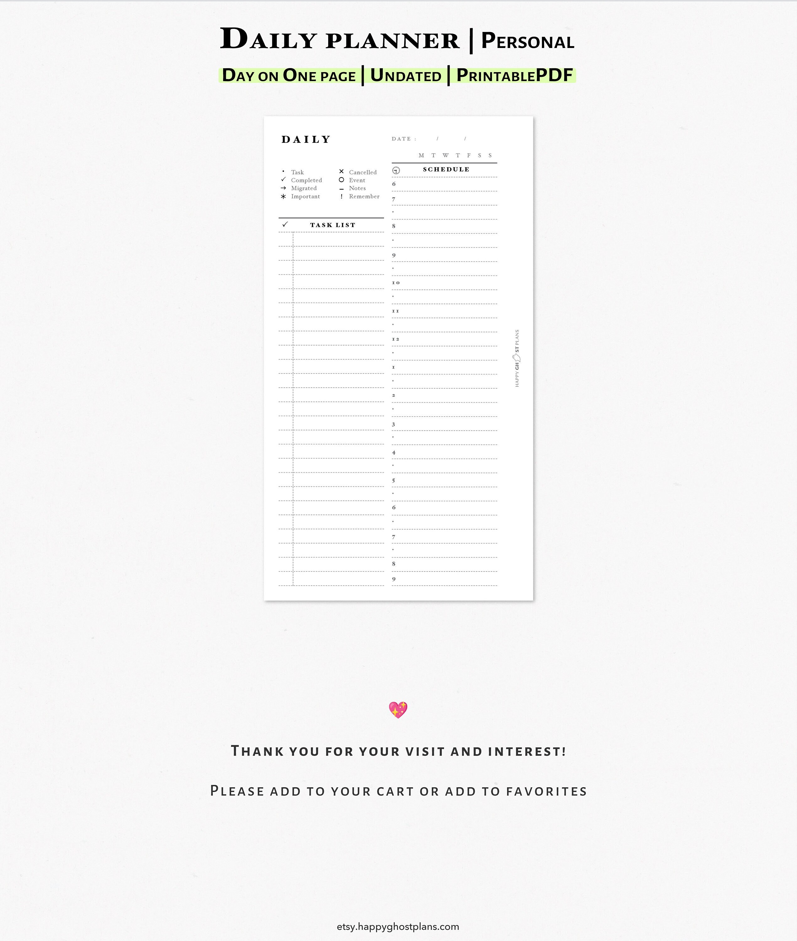 Daily Planner Printable Insert for Personal Size Planner Undated Daily ...