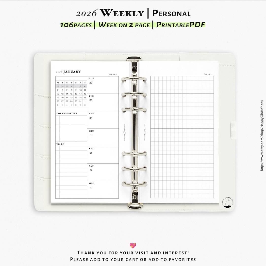 2026 Weekly Planner: Printable Personal-size Planner Inserts (WO2P ...
