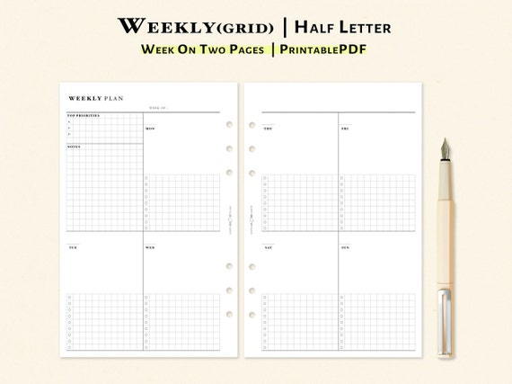 Week on 2 Page Printable Half Letter Inserts Weekly Planner - Etsy