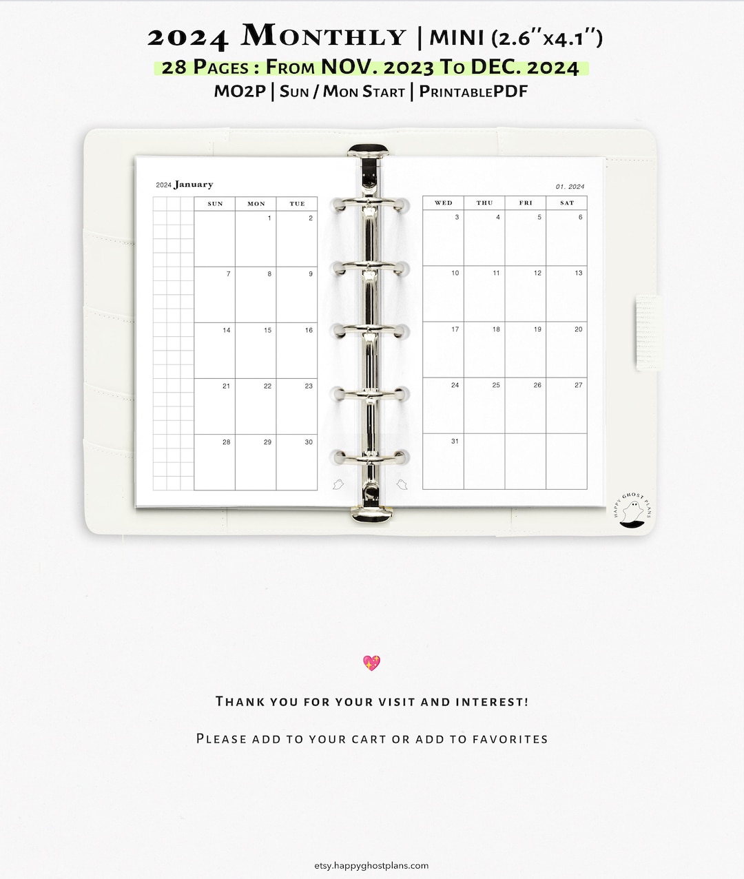2024 Monthly Printable Calendar Mini Size Planner Insert Two - Etsy