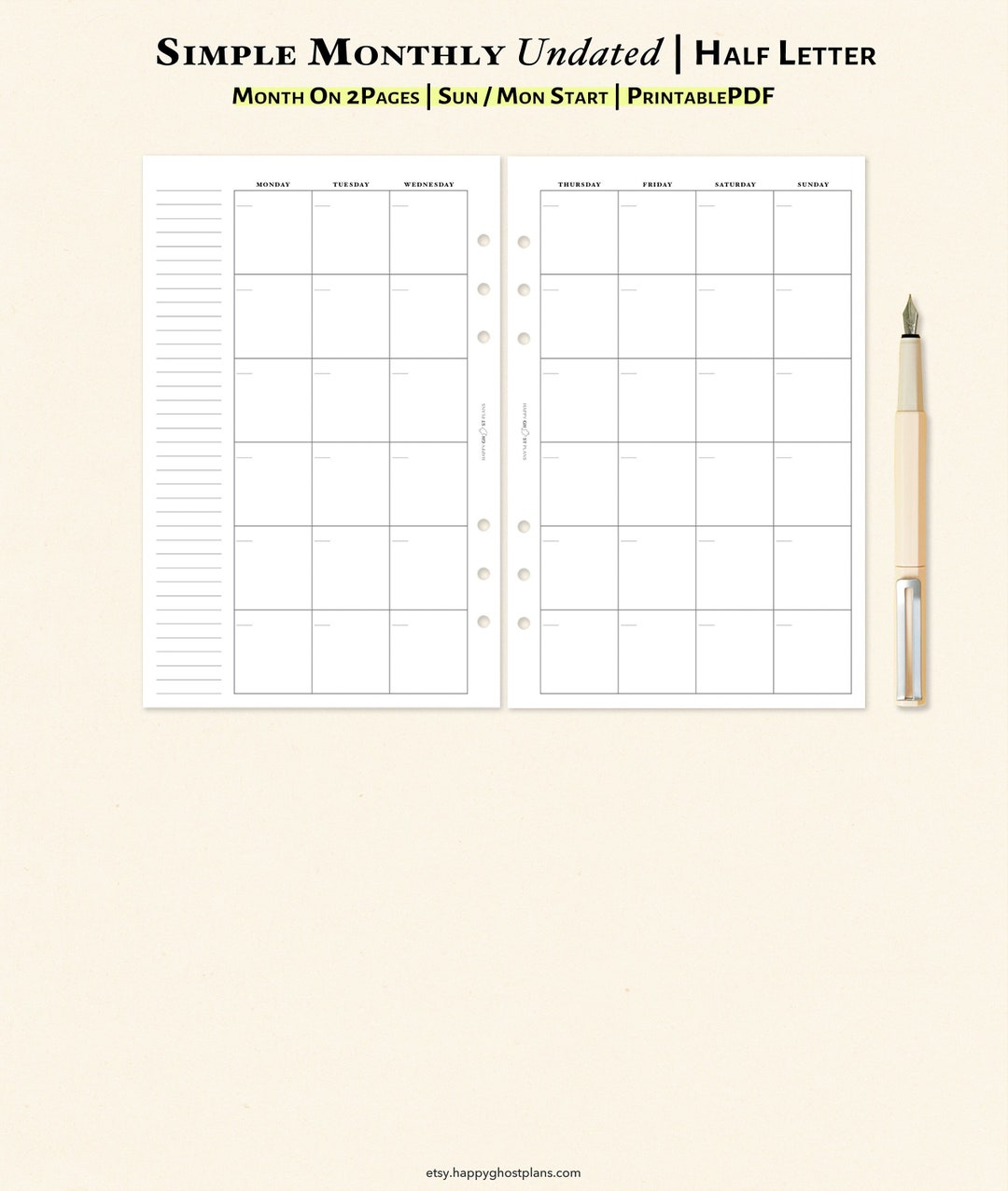 Simple Monthly Planner Printable Half-letter Size Inserts - Etsy