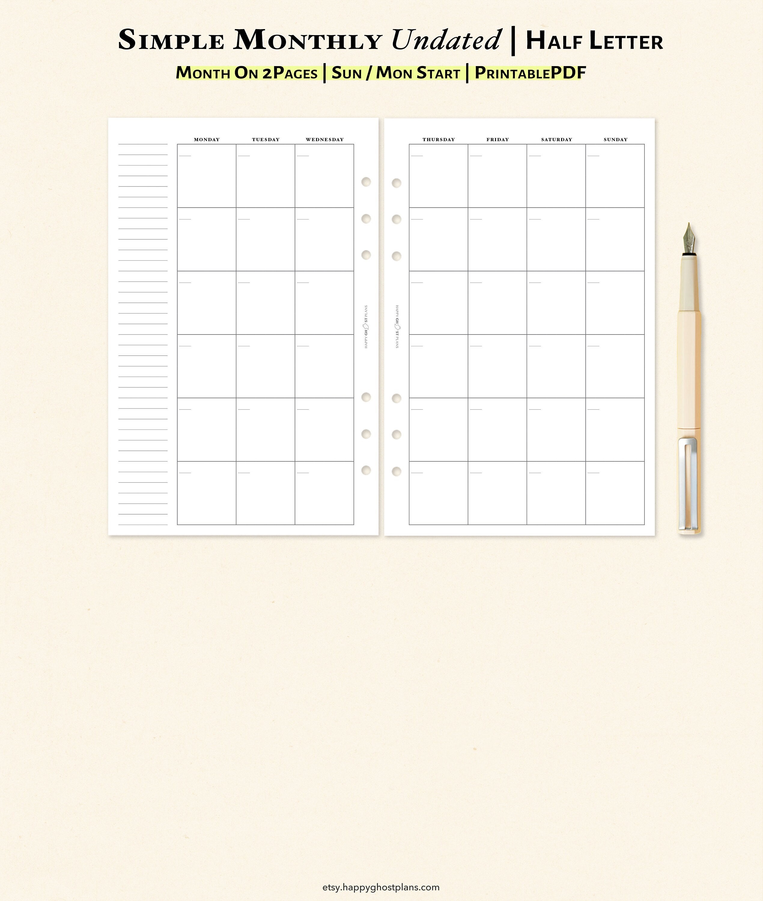 Simple Monthly Planner Printable Half-letter Size Inserts - Etsy