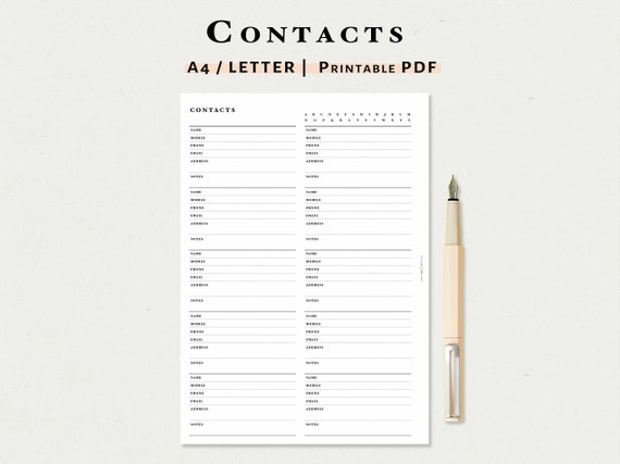 Contact List Printable PDF A4 Letter Size Contact List | Etsy
