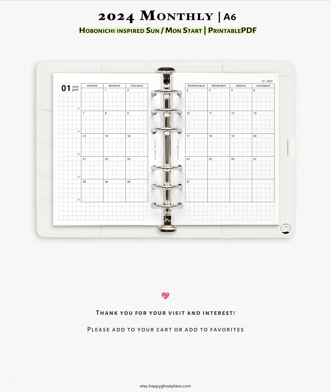 2024 Monthly Planner Hobonichi Style Printable A6 Ring - Etsy
