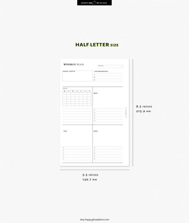 Weekly Planner Printable Half-letter Planner Insert Week on - Etsy