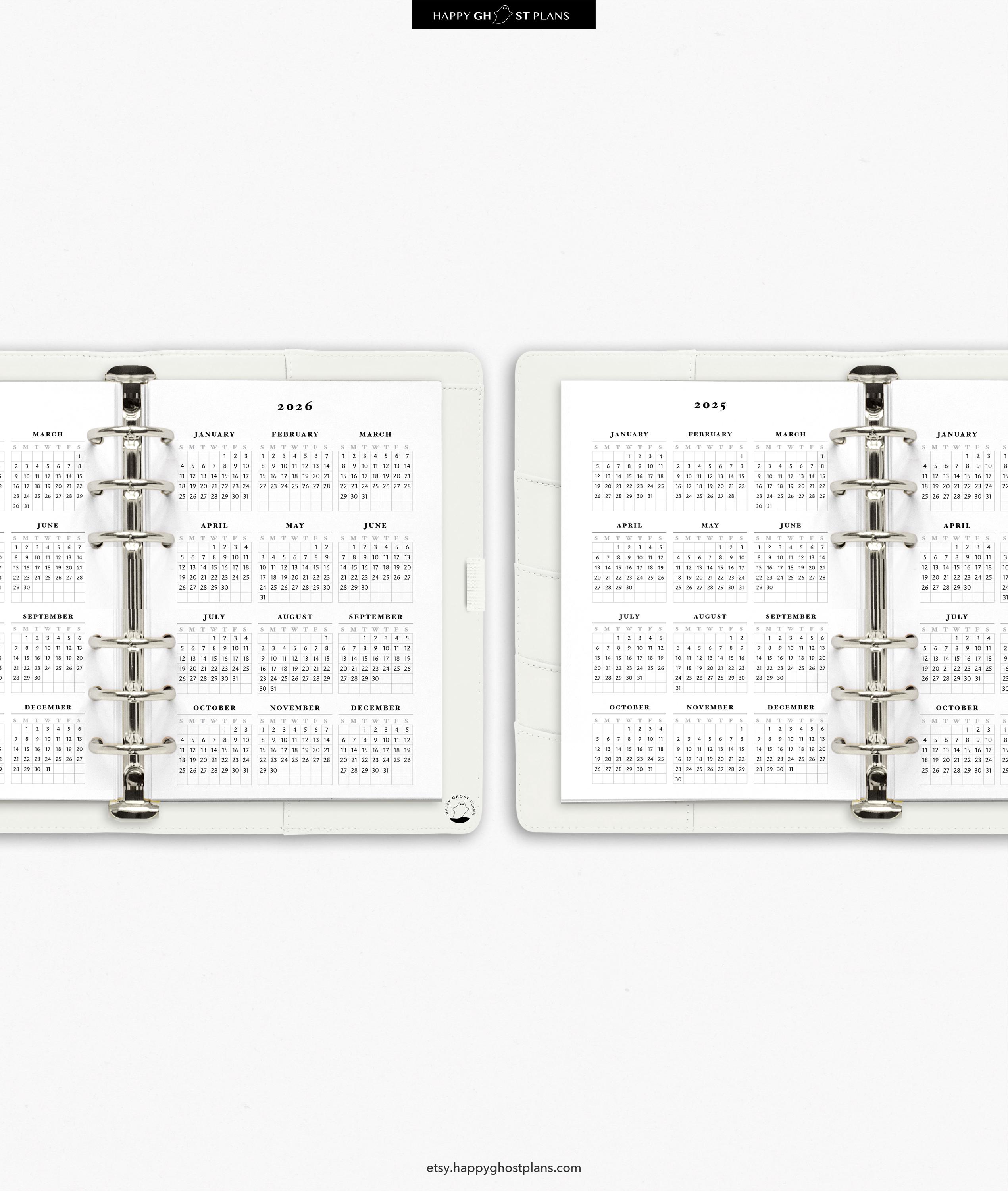 Yearly Calendar 2025-2026, Printable Insert for A6 Planner | Year at a ...