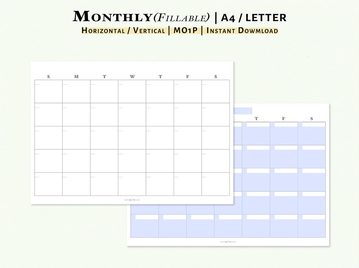 Monthly Planner Fillable A4 US Letter Horizontal and - Etsy