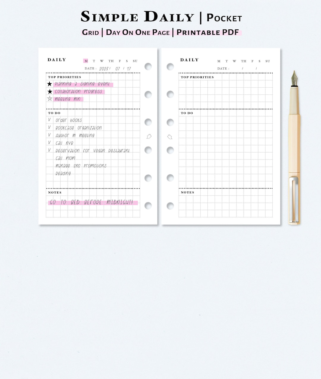 One Page Daily Planner Printable Pocket Size Insert Undated - Etsy