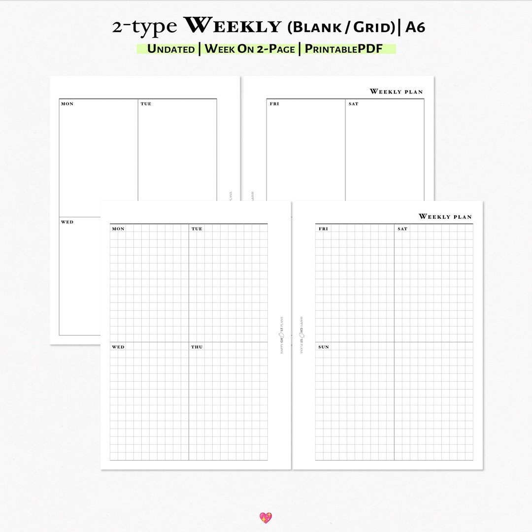 Simple Weekly Planner Bundle of 2 Types, Printable Insert for A6 ...