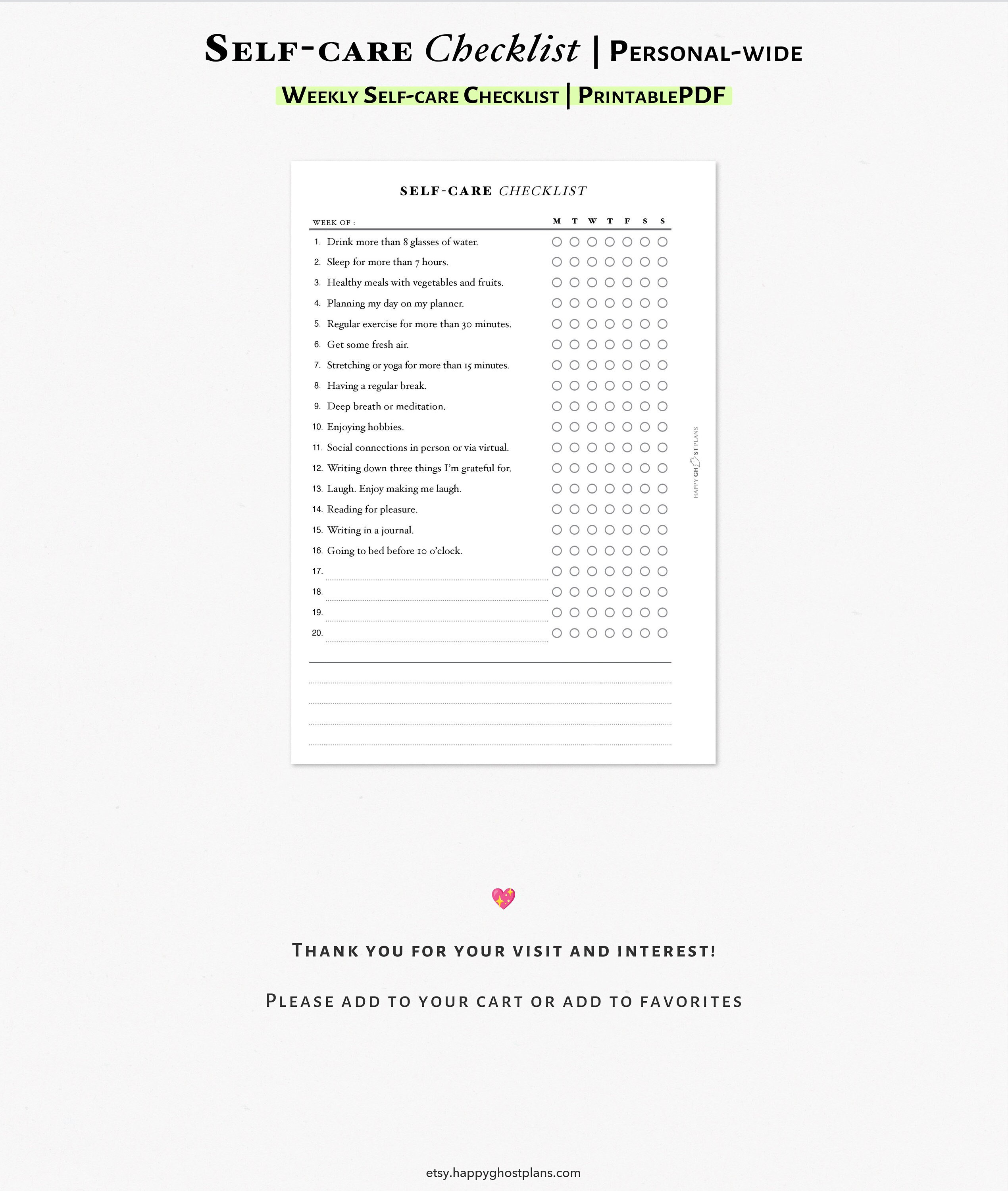 Self-care Checklist With Prompts, Printable Insert for Personal-wide ...