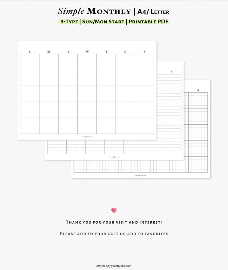 Printable Monthly Planner Template A4, US Letter Blank Monthly Calendar ...