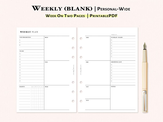 Week on 2 Page Planner Printable Personal Wide Inserts - Etsy