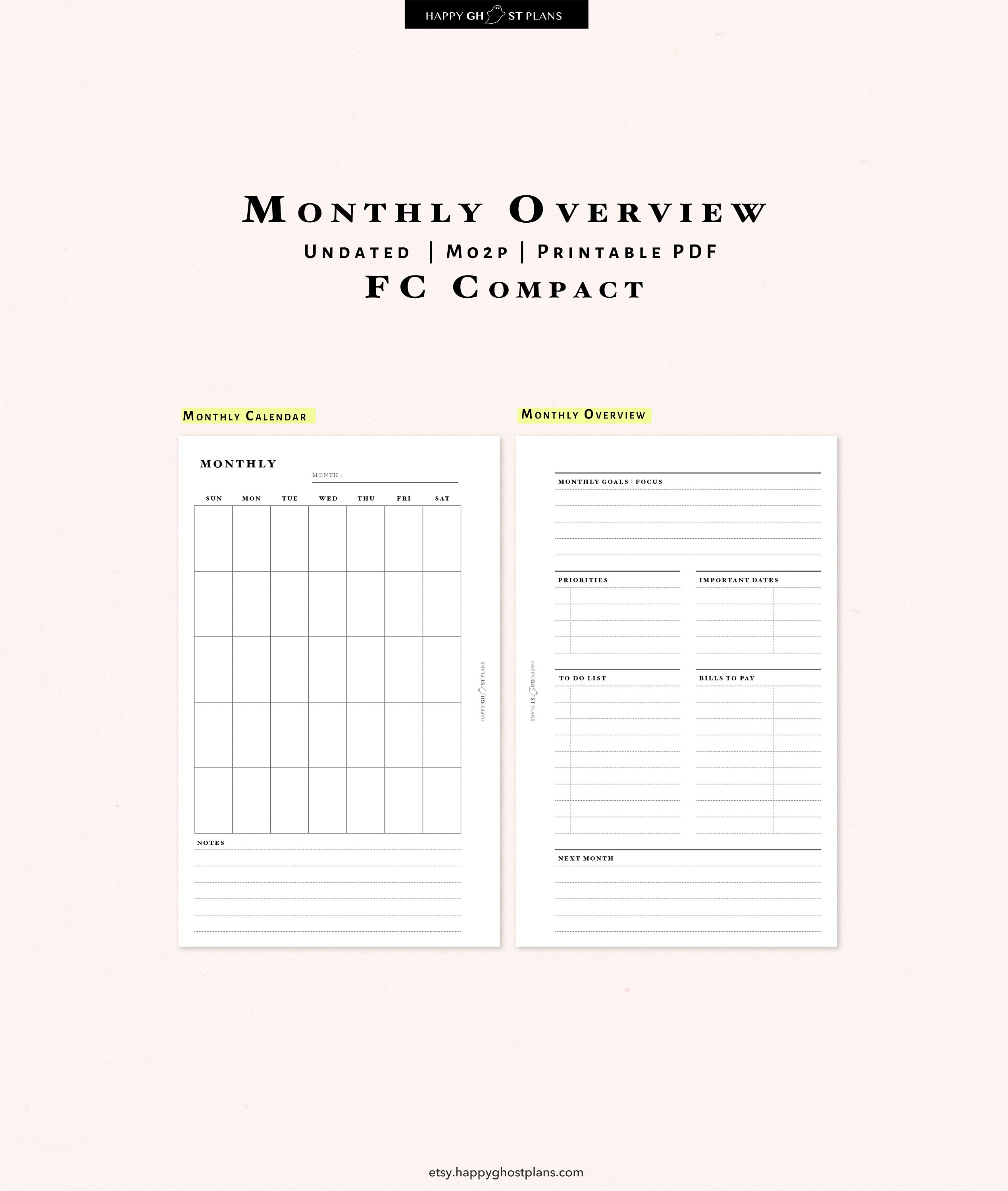 Monthly Overview Planner Printable Inserts FC Compact MO2P - Etsy