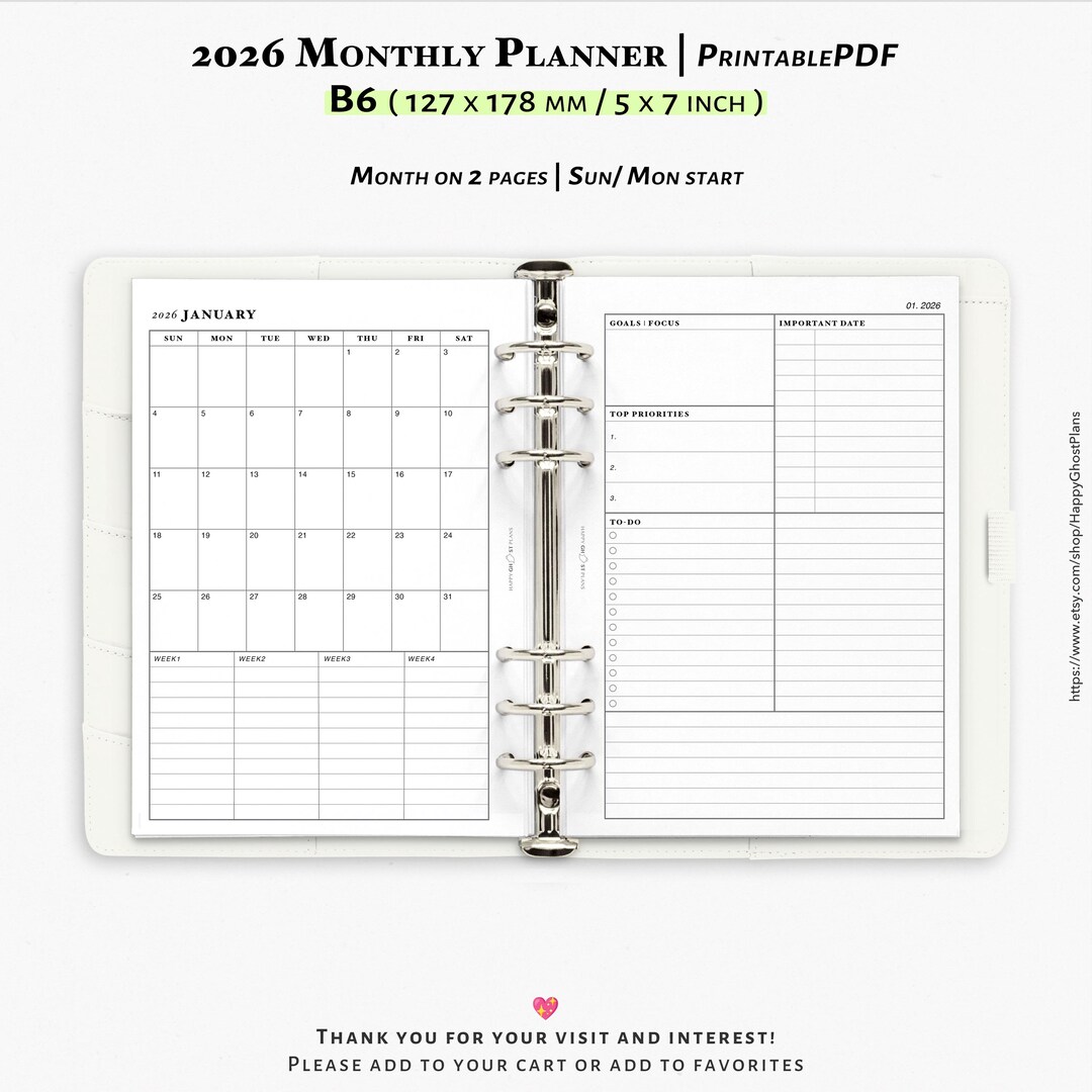 2026 Monthly Planner, Printable Insert for B6(5x7) Size Planner | M122 ...