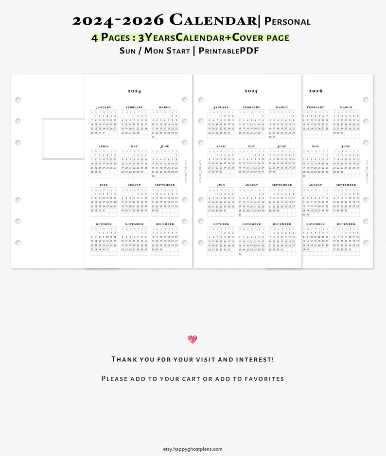 Year at a Glance 2024-2025-2026 Printable Calendar for A6 Planner ...