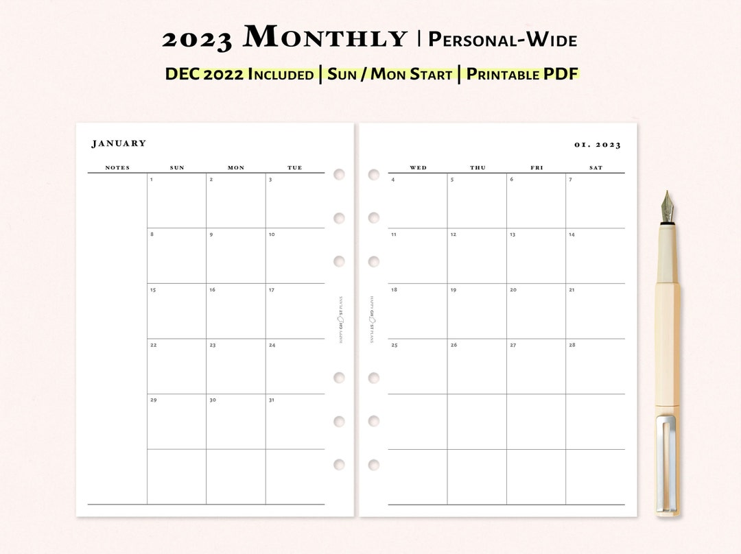 2023 Monthly Planner Printable Personal-wide Inserts 2023 - Etsy
